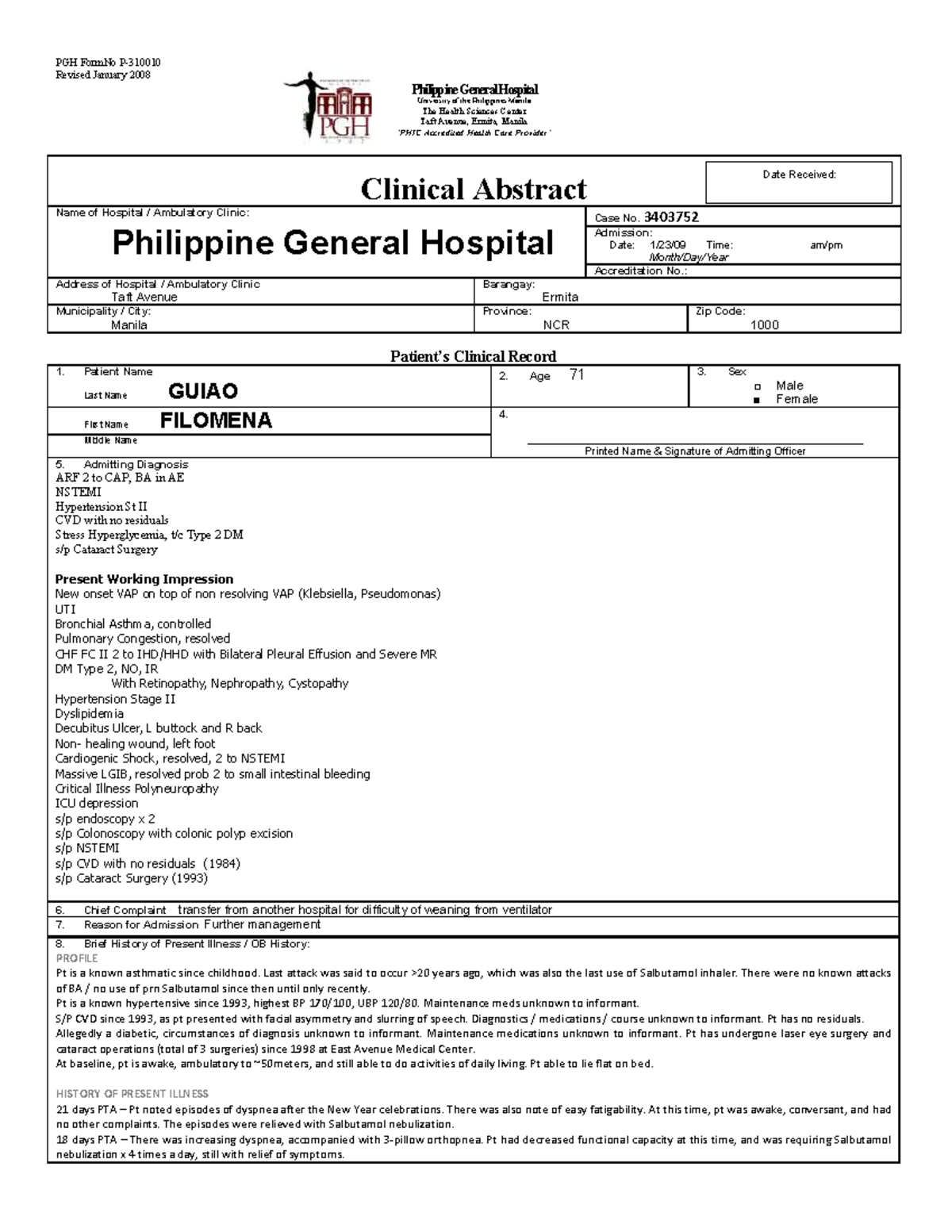 440109404 Philippine General Hospital - PGH FormNo P- 310010 Revised ...
