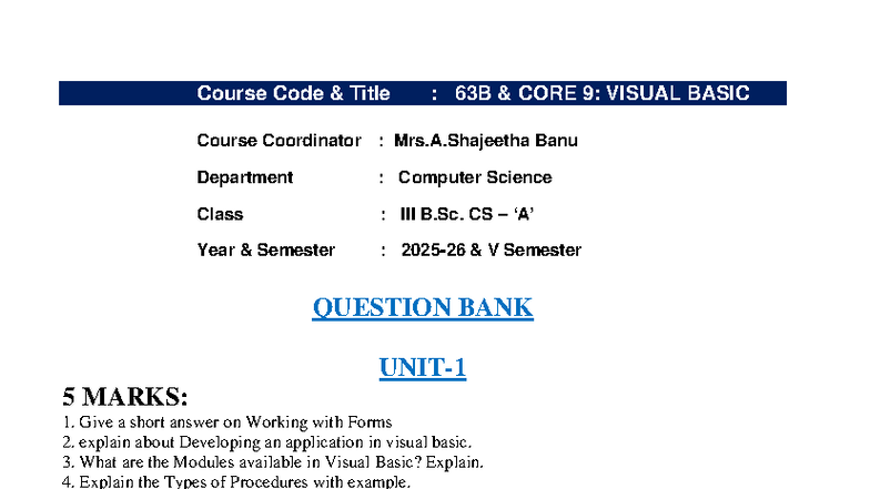 VB 63B CORE 9: Comprehensive Question Bank for Visual Basic - Studocu