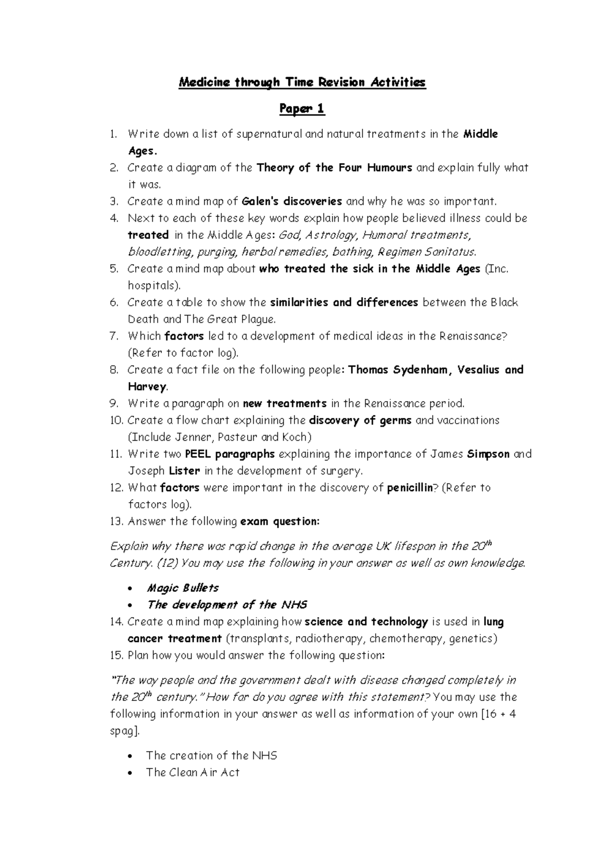 Medicine through Time Revision Activities - Write down a list of ...