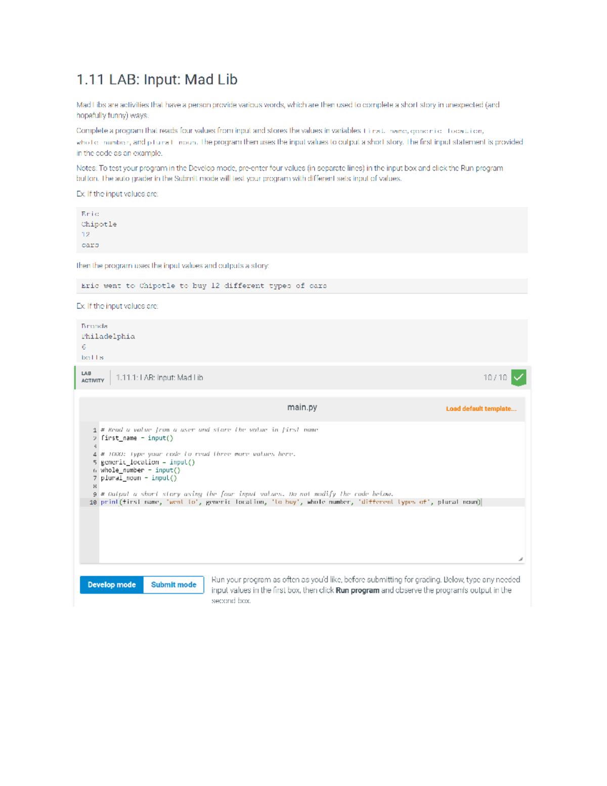DAD 220 Lab 1.11: Input Your Own Mad Lib Story Program - Studocu