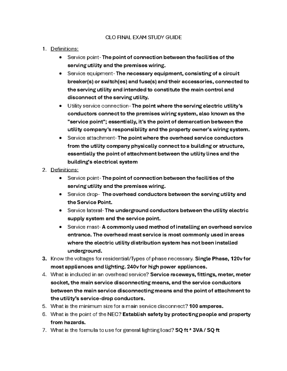 CLO Electrical Systems Final Exam Study Guide - Key Concepts and ...