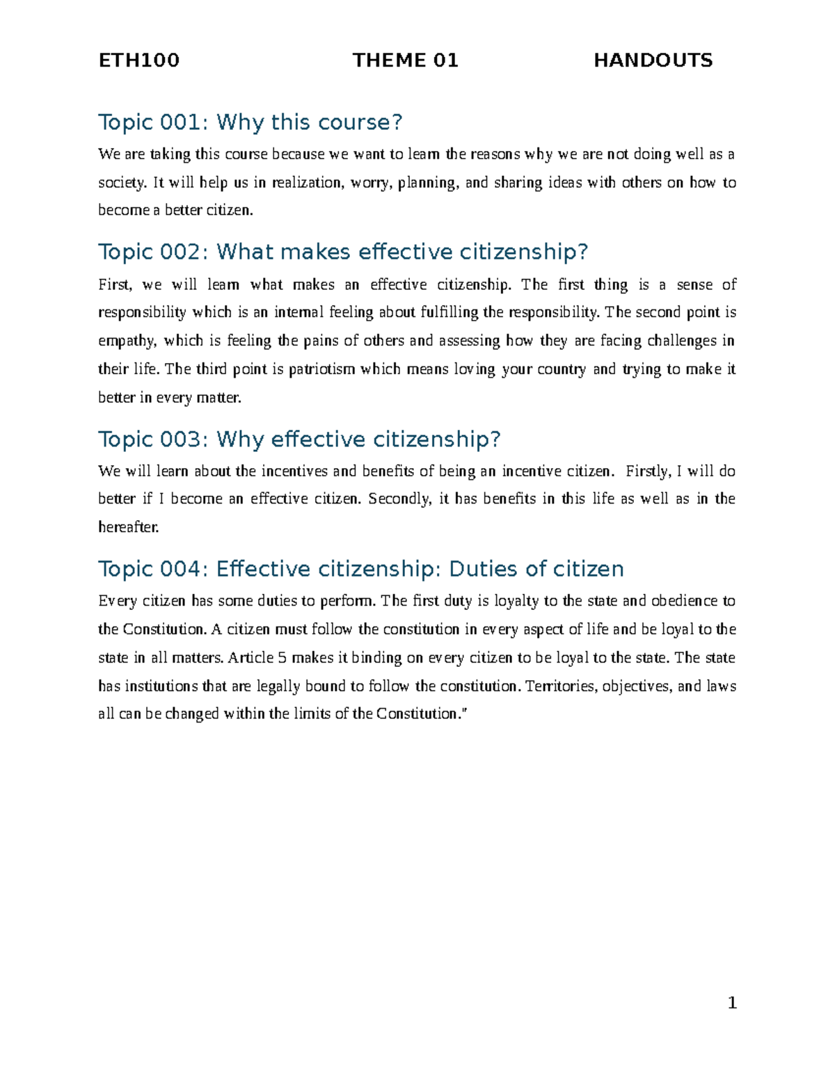 ETH100 Theme 01 Handouts: Understanding Effective Citizenship - Studocu