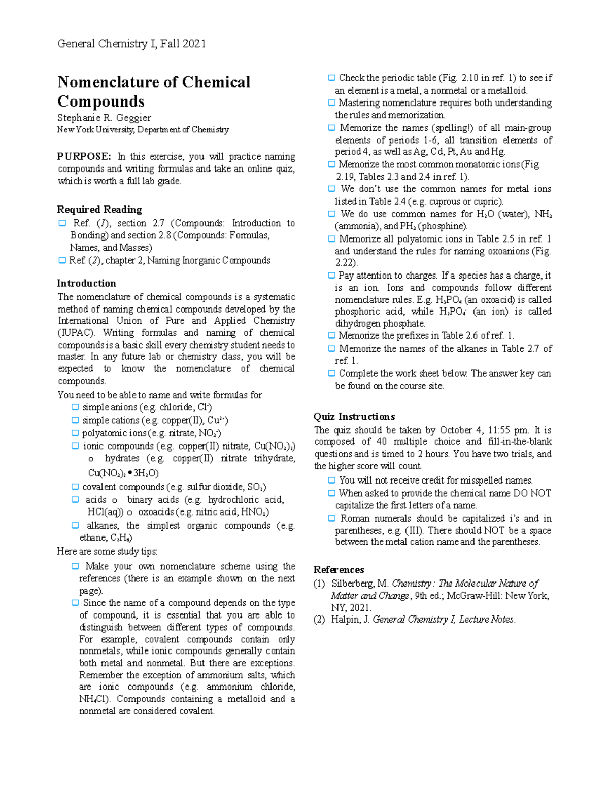 Gen Chem I, Fall 2021: Nomenclature of Chemical Compounds Quiz - Studocu