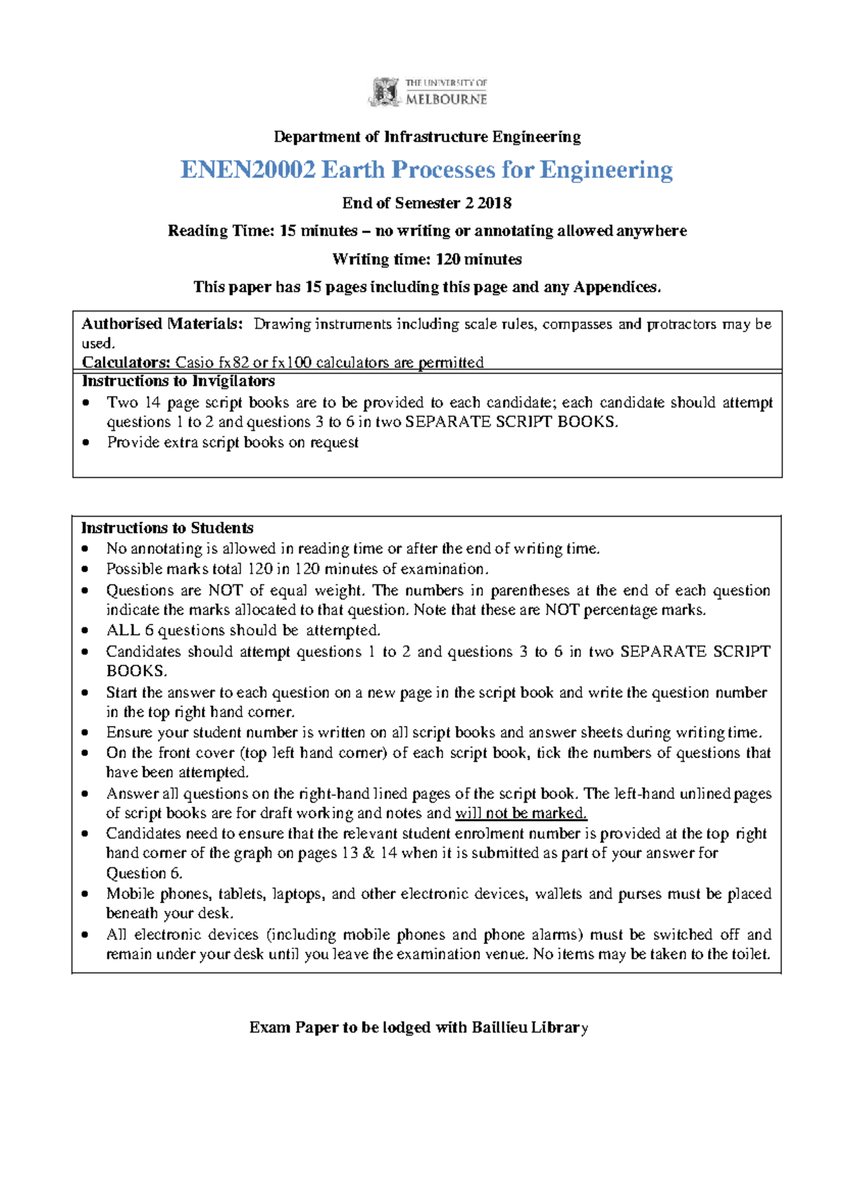 ENEN2000 Earth Processes for Engineering End of Semester 2 Exam 2018 ...