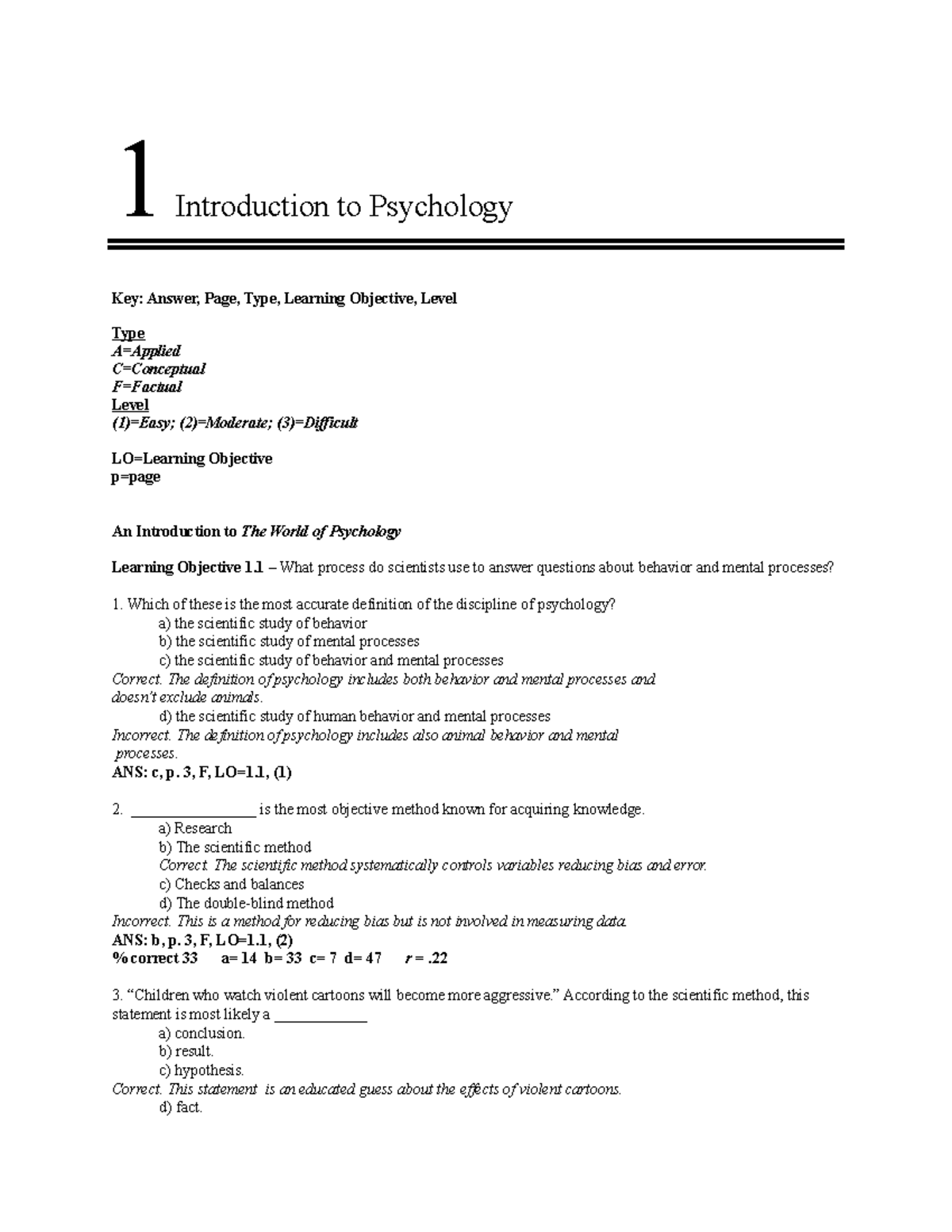 Test 2016, questions and answers - 1 Introduction to Psychology Key ...