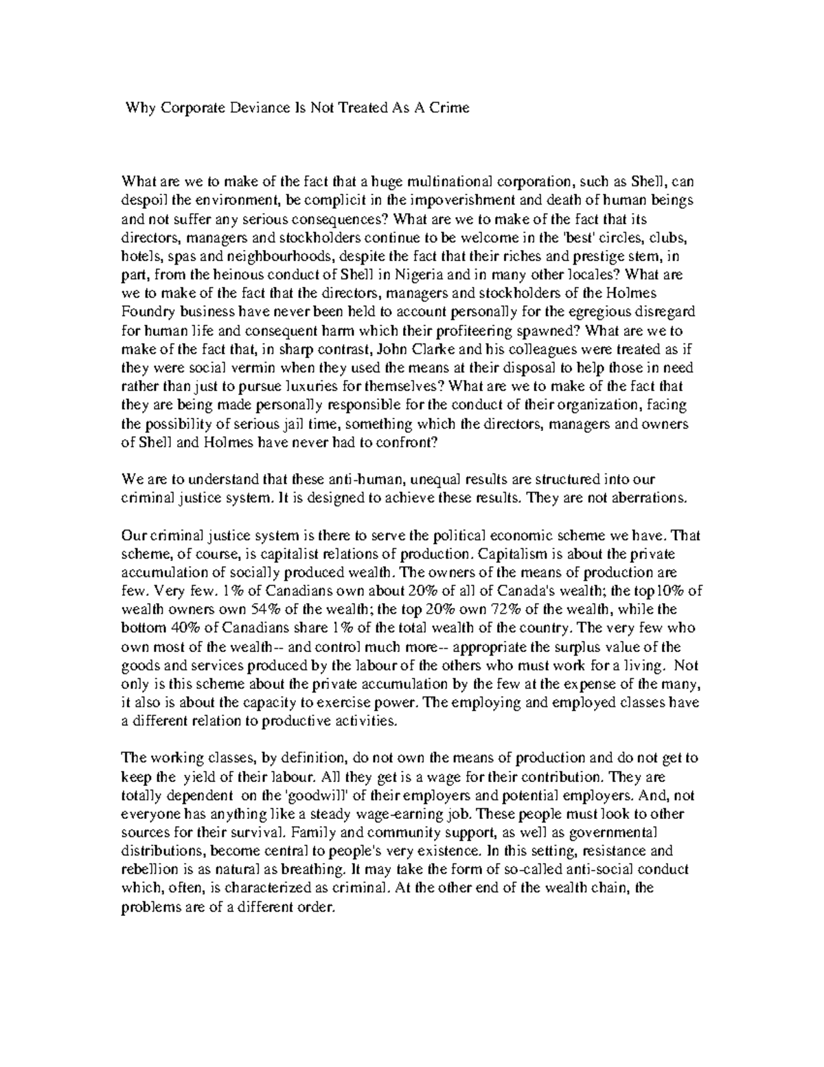 Deviance in Corporate Governance: Analyzing Class and Justice - Studocu