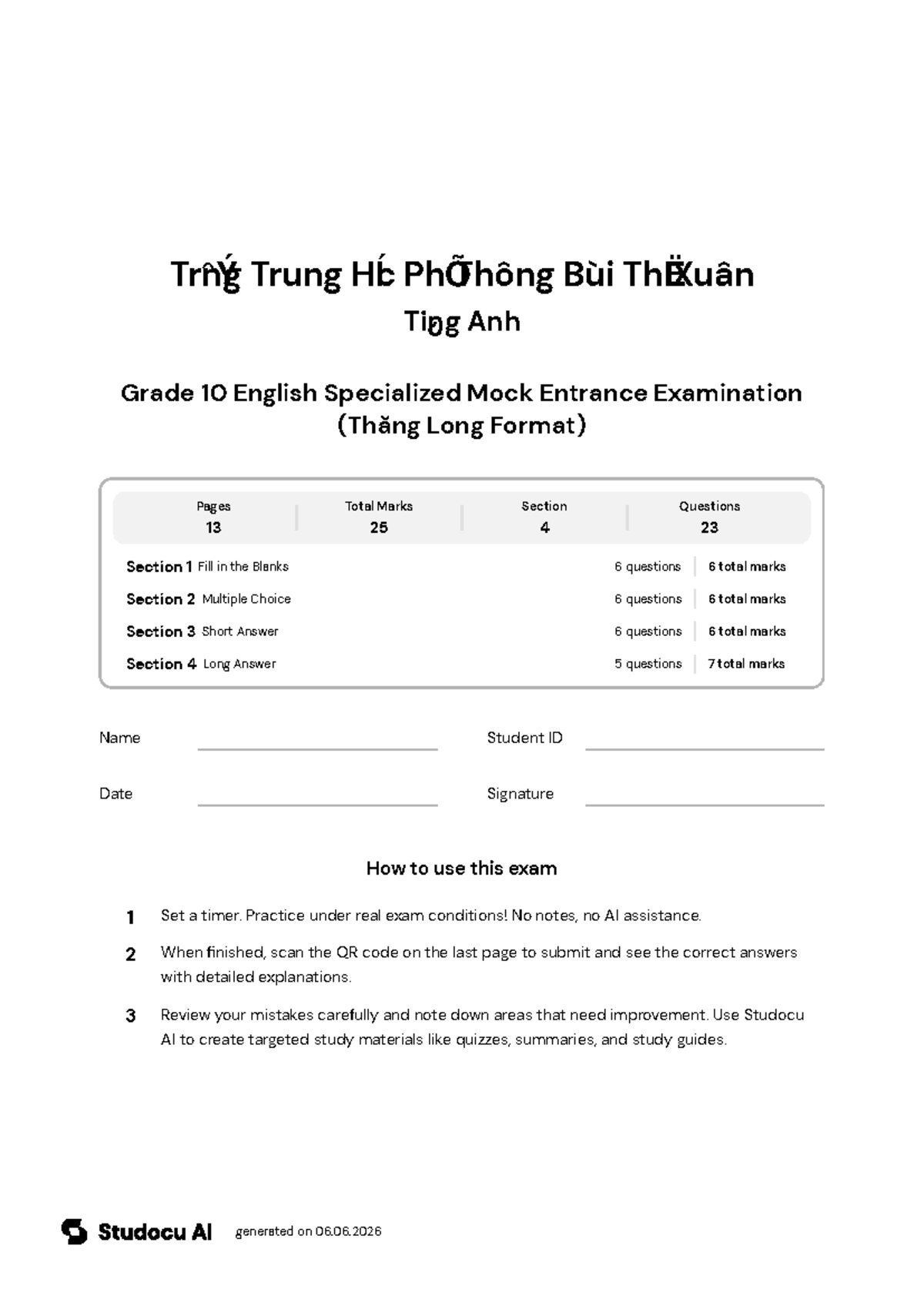 Grade 10 English Specialized Mock Entrance Exam - Studocu