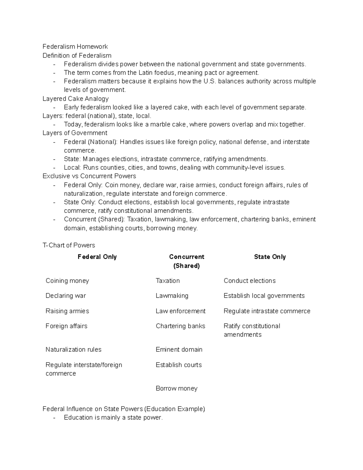 Federalism HW - Understanding Power Distribution in U.S. Government ...