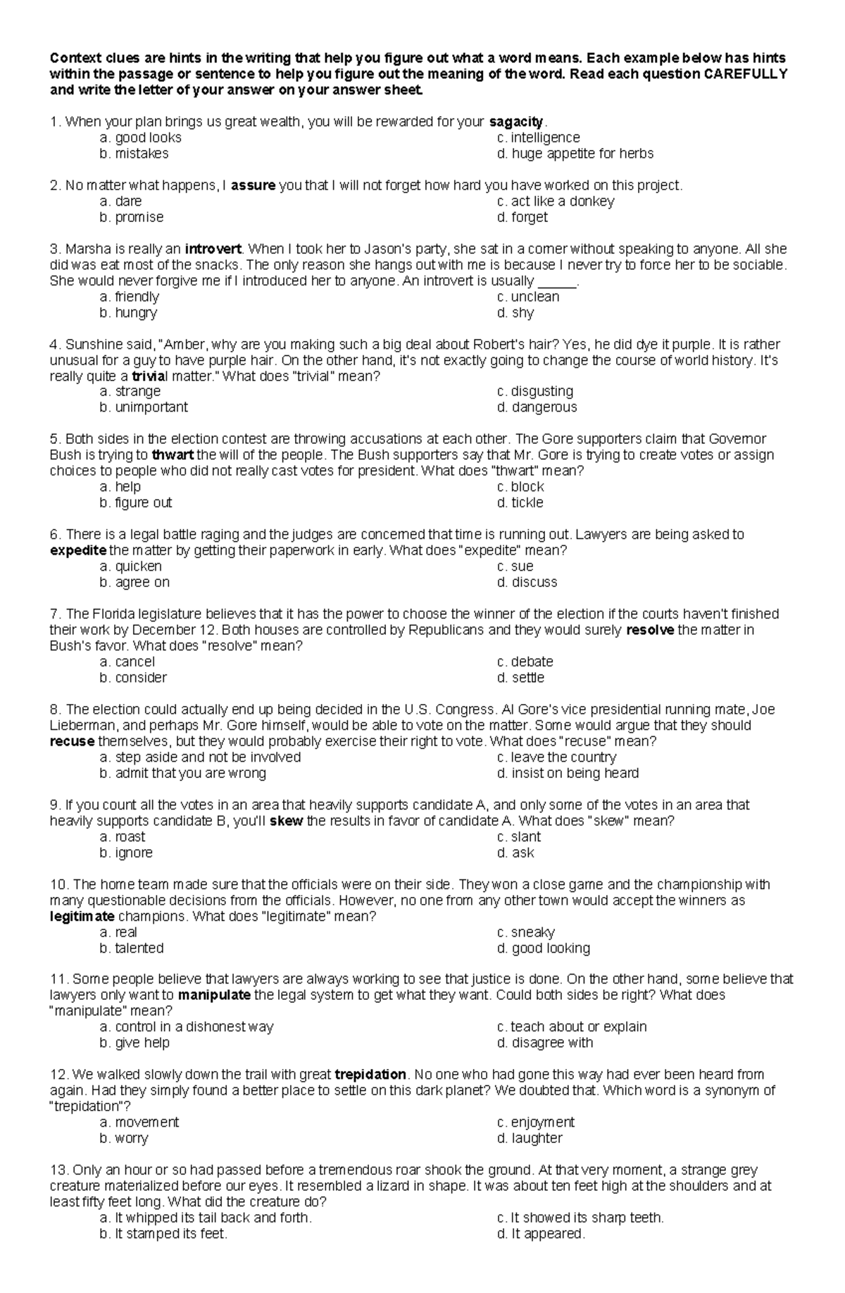 Context Clues Practice Questions for Vocabulary Understanding - Studocu