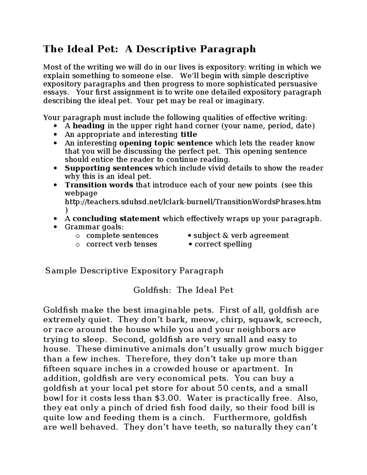 Descriptive Expository Paragraph on the Ideal Pet for Inbound - Studocu