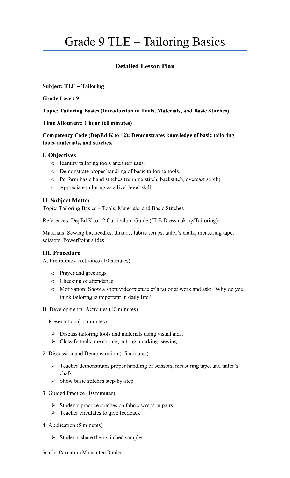 Grade 9 TLE Tailoring Basics: Tools, Materials, and Stitches Lesson ...
