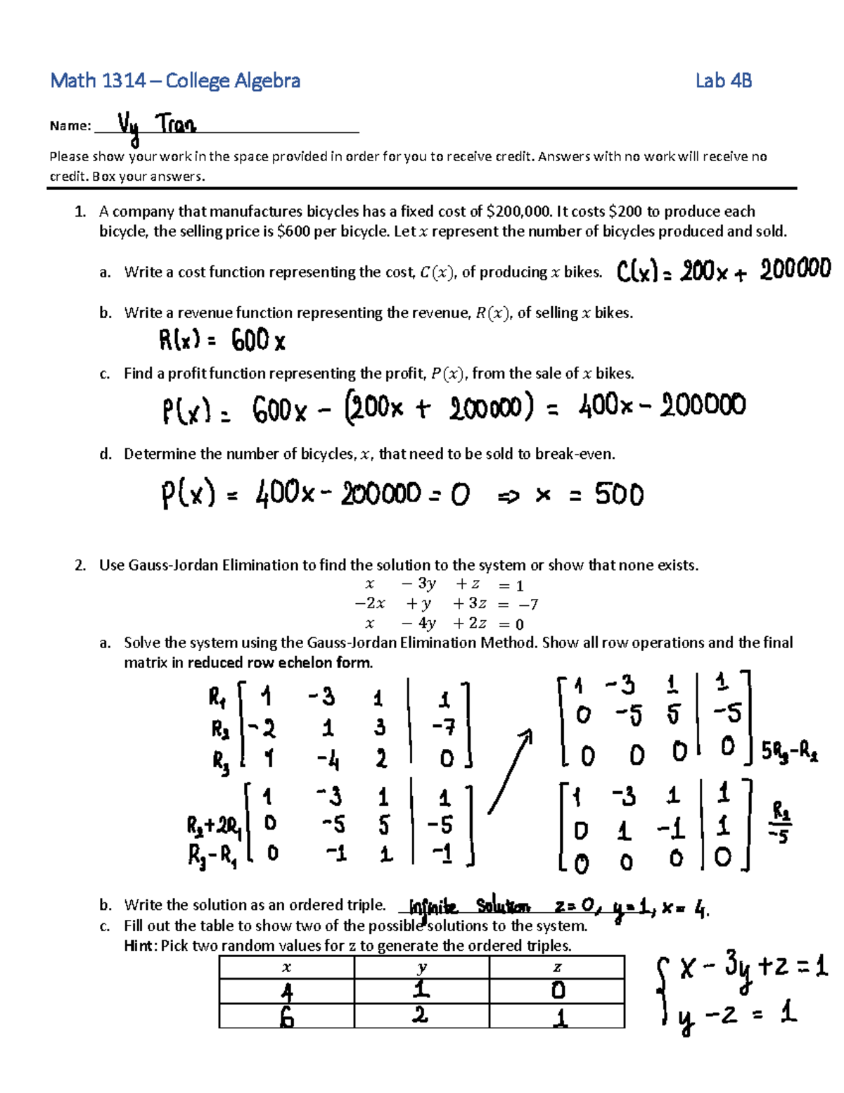 Math 1314: College Algebra Lab 4B - Cost & System Solutions - Studocu