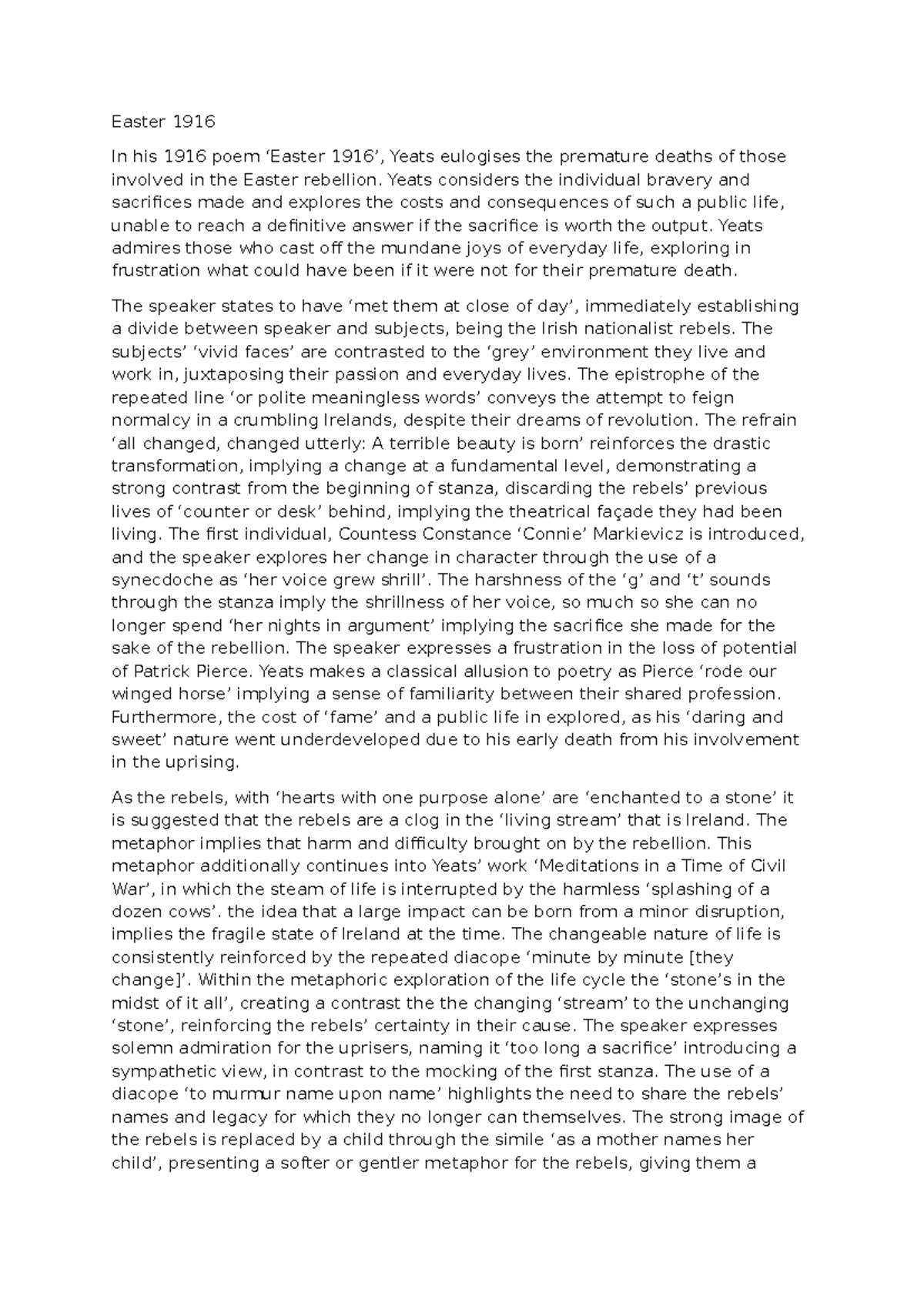 Easter 1916: Analyzing Yeats' Poem on Rebellion and Sacrifice - Studocu