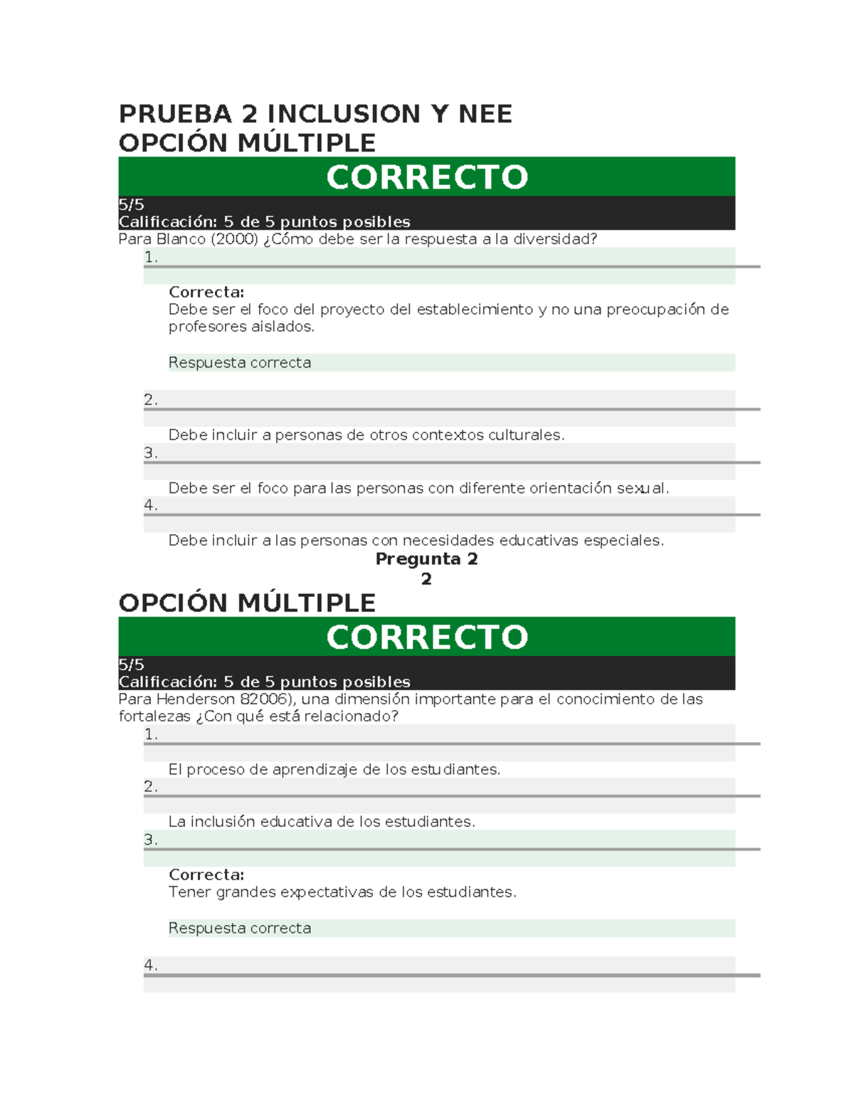 Prueba 2: Inclusión y NEE - Opción Múltiple Correcto - Studocu