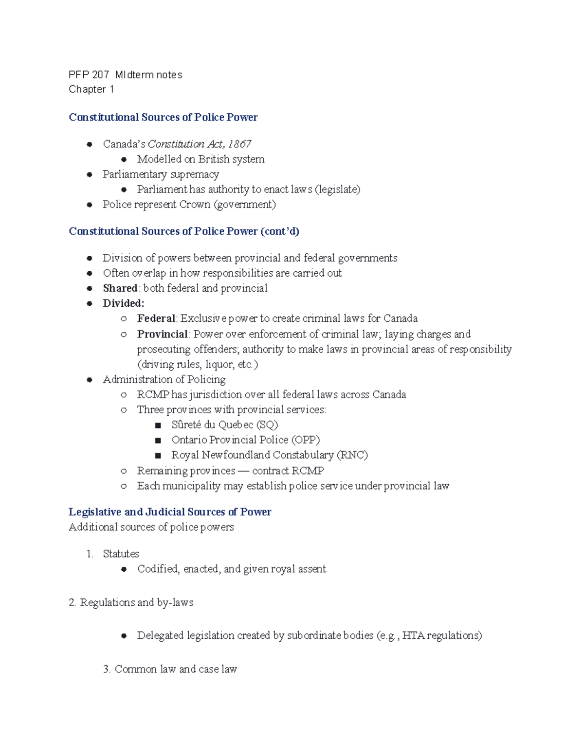PFP 207 Midterm Notes: Understanding Police Power & Legislation - Studocu