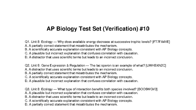 AP Biology MCQ Test Set (Units 3, 6, 8) - 5 Questions - Studocu