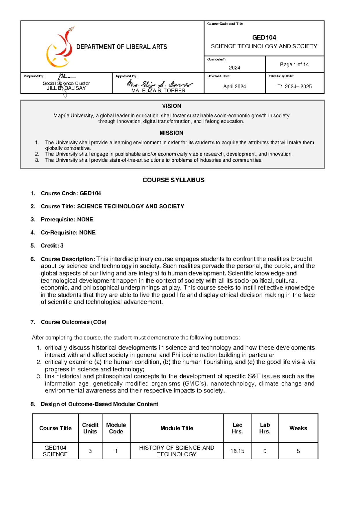GED104: Revised Syllabus for Science Technology and Society T1 2024-25 ...