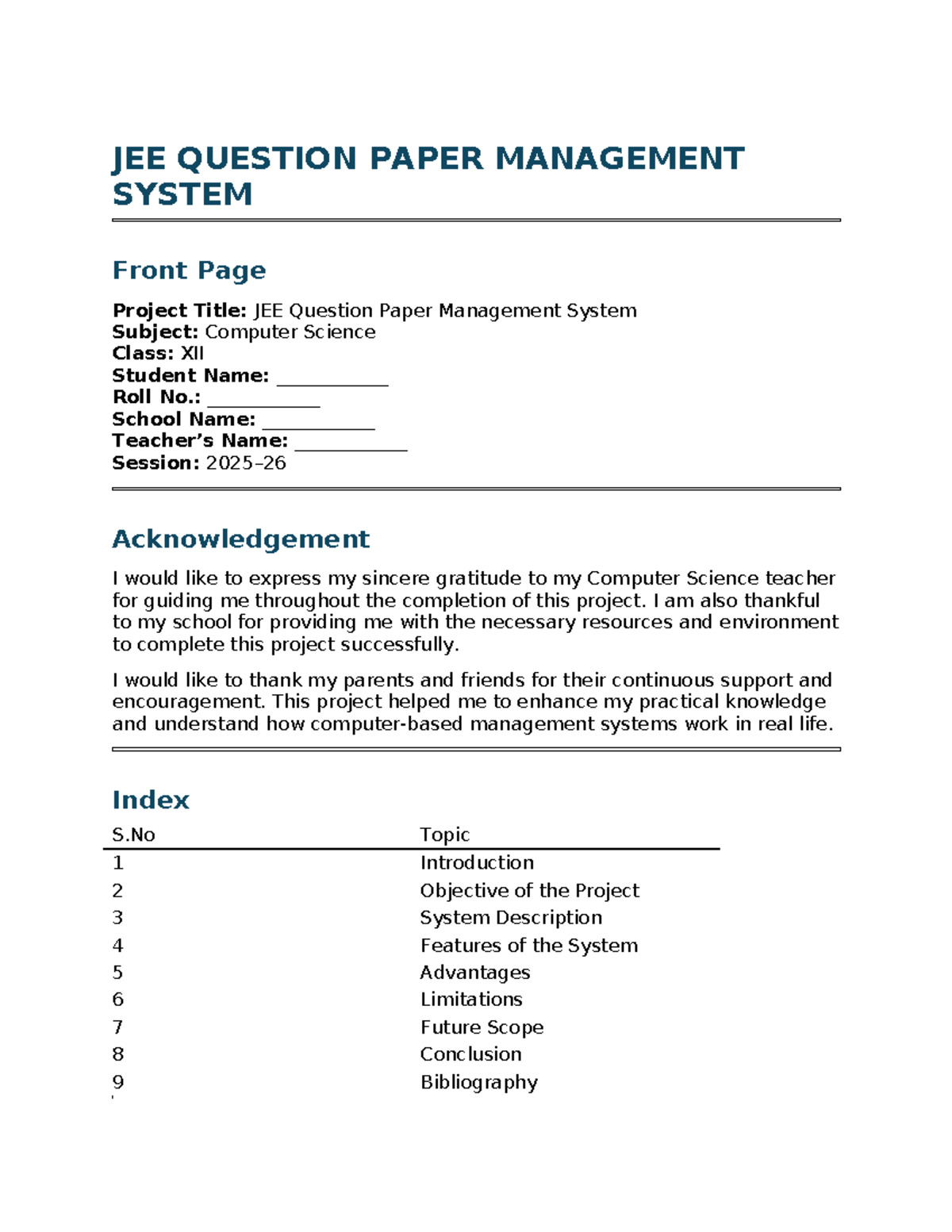 JEE Question Paper Management System - Project Overview - Studocu