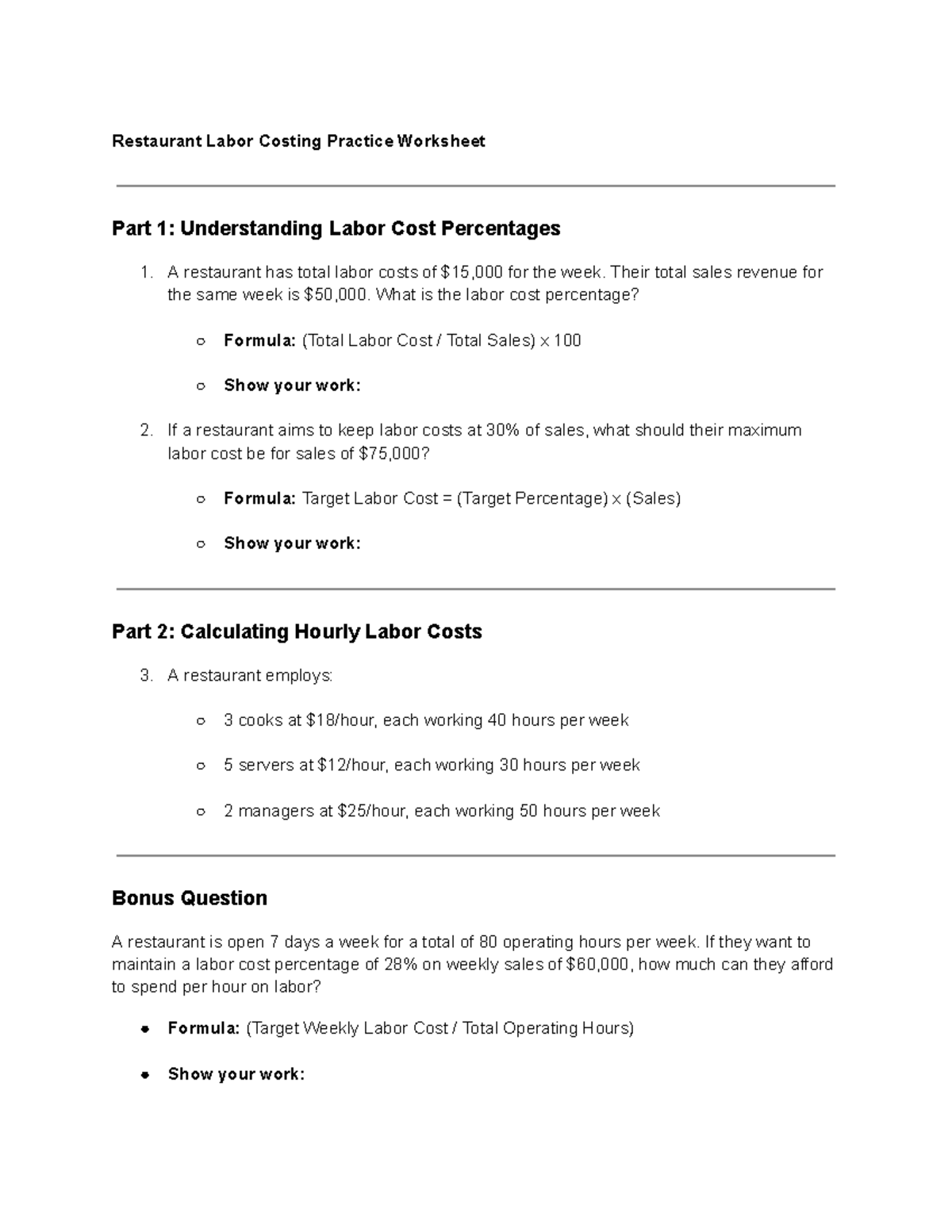 Restaurant Labor Costing Practice Worksheet: Calculating Weekly Costs ...