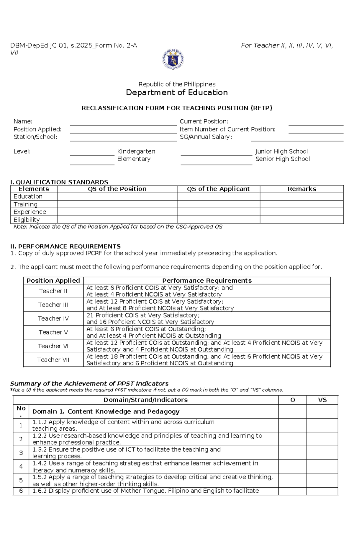 RFTP Teacher II Reclassification Form - JC 01, s.2025 - Studocu