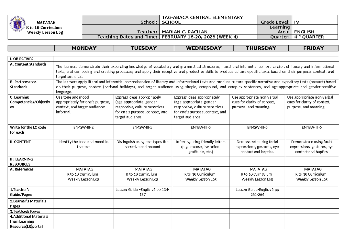 DLL Grade 4 English Q4 Week 4 Lesson Log on Tone and Mood - Studocu
