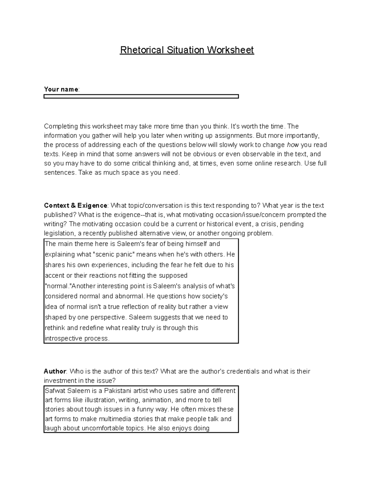 Rhetorical Situation Analysis Worksheet for Critical Reading Tasks ...