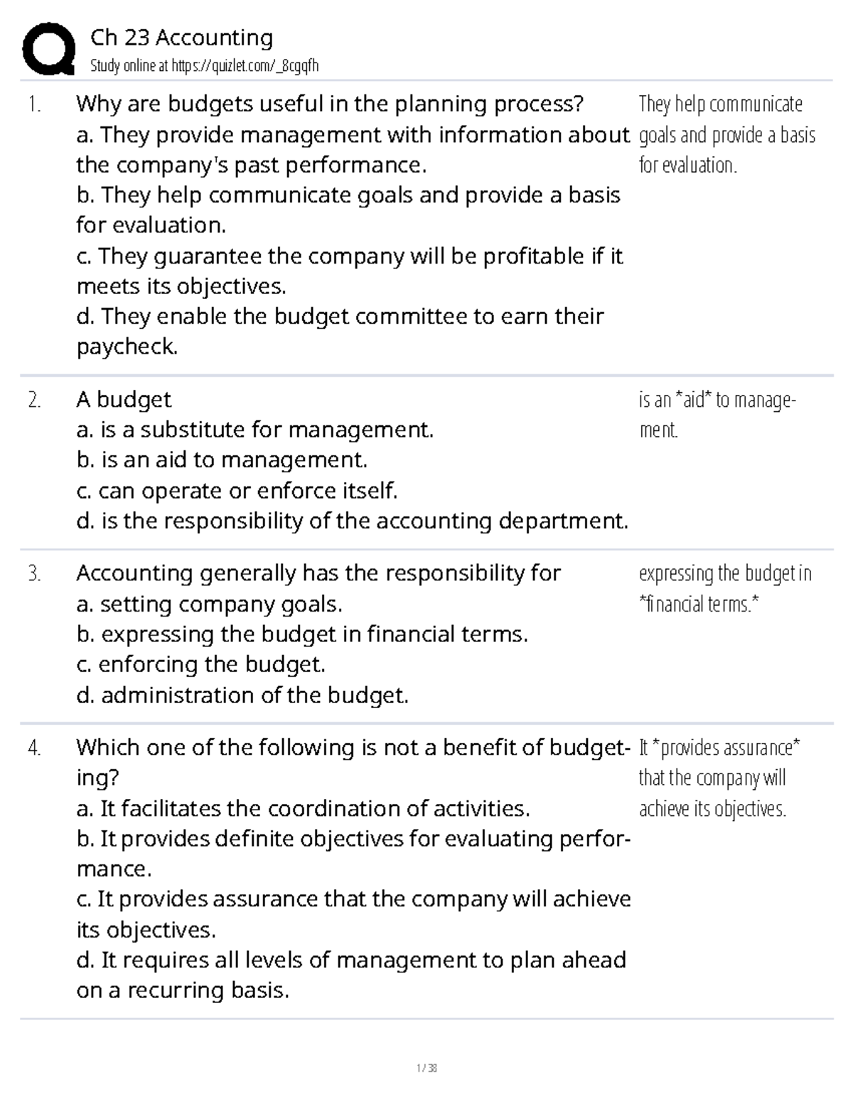 Ch 23 Accounting Study Guide: Budgeting and Planning Concepts - Studocu