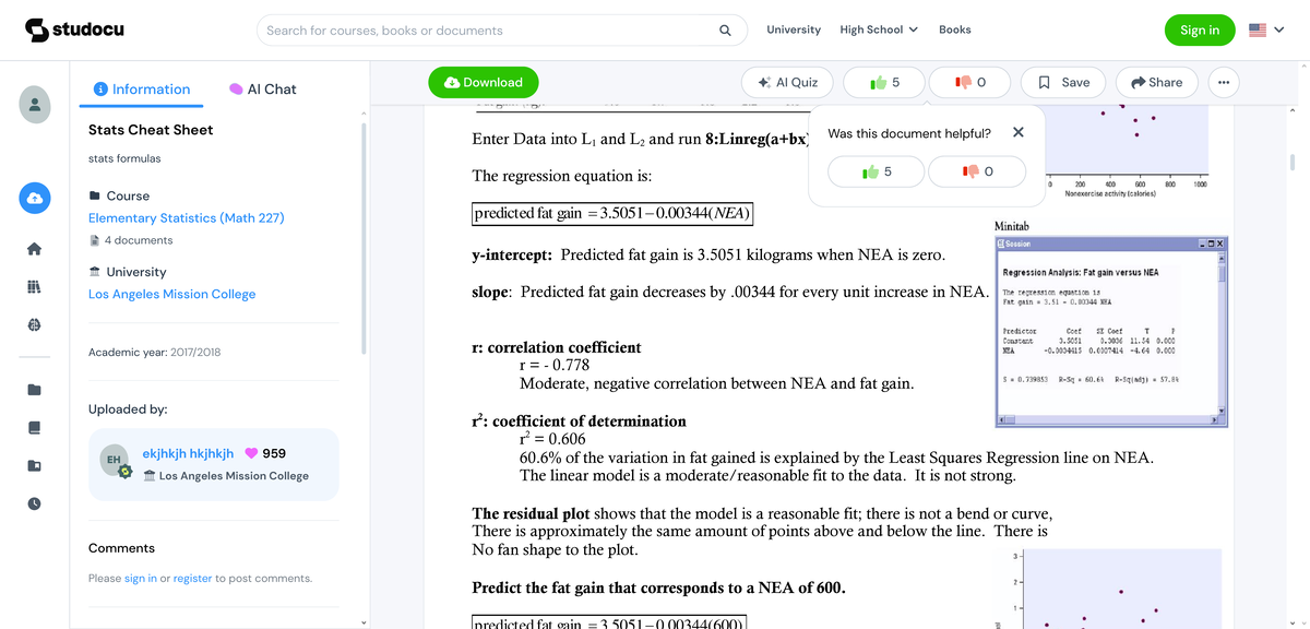 Math 227 - Elementary Statistics Cheat Sheet for Regression Analysis ...