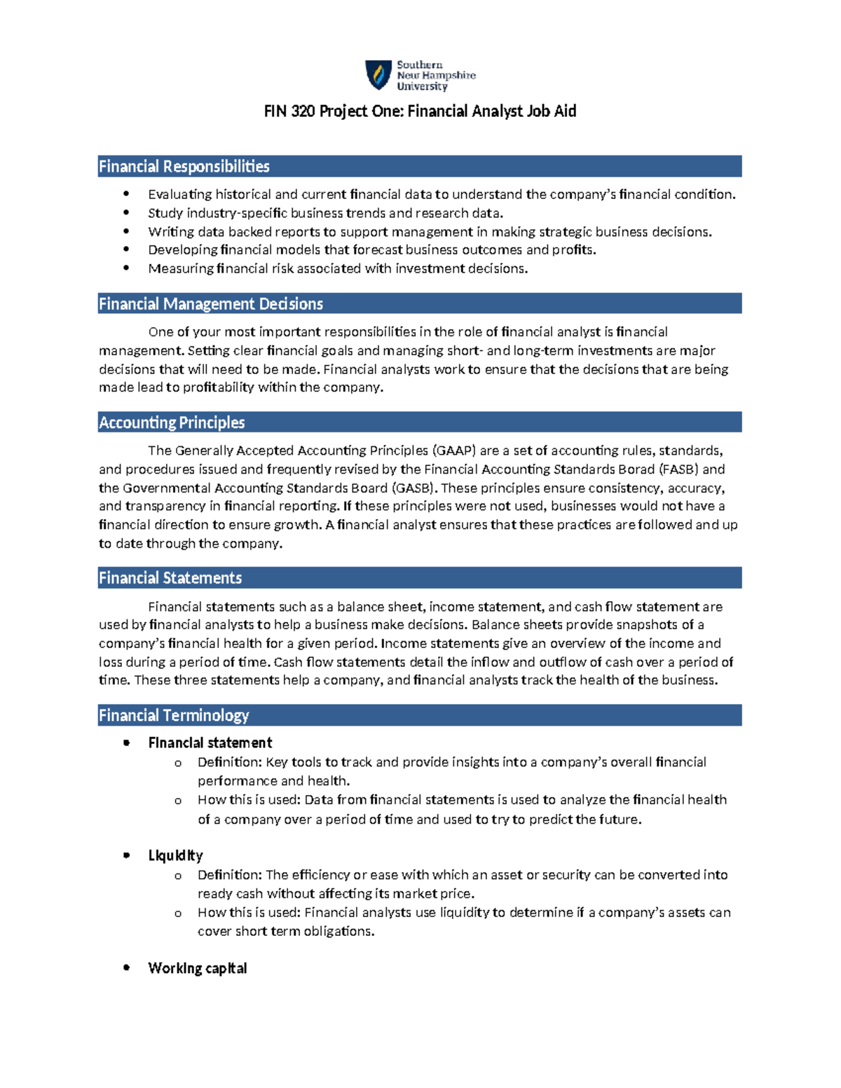 FIN 320 Project One: Comprehensive Financial Analyst Job Aid - Studocu