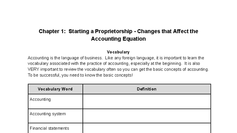 Chapter 1: Starting a Proprietorship - Accounting Equation Changes ...