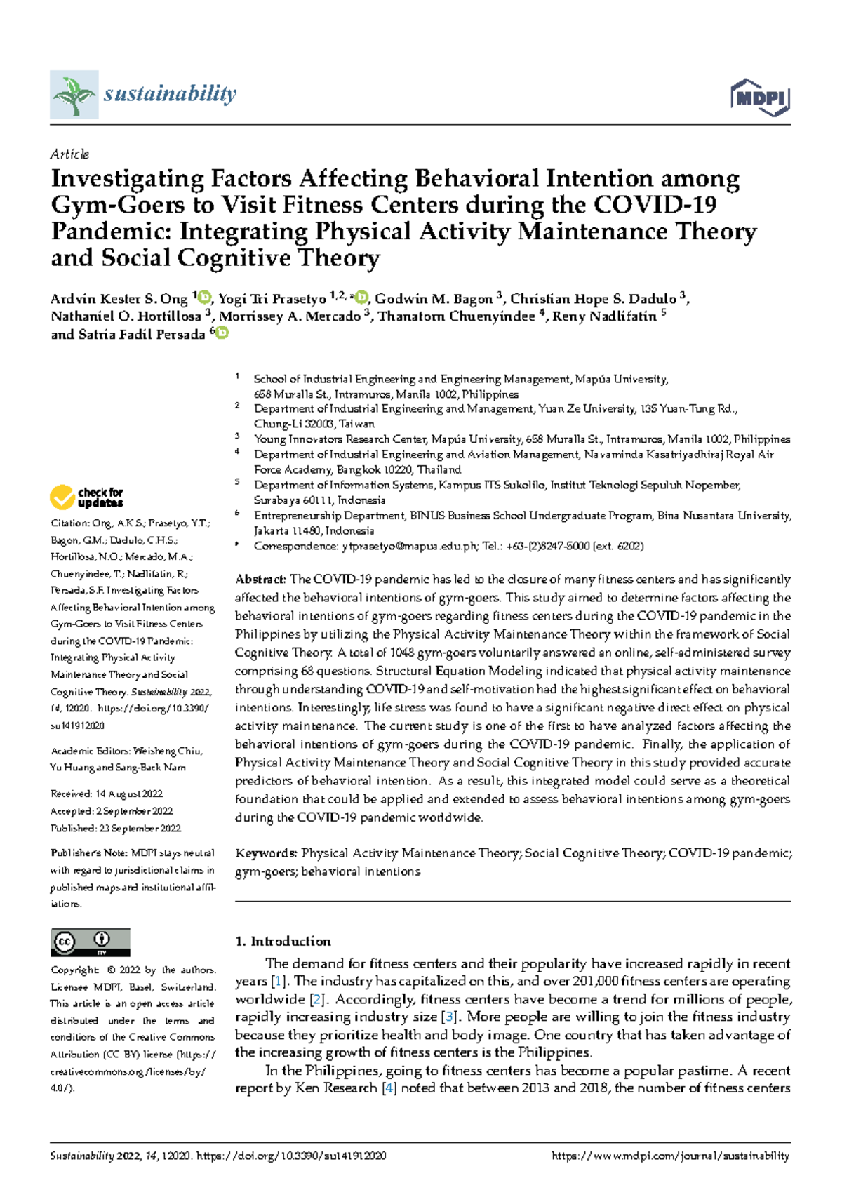 Sustainability 2022: Factors Influencing Fitness Center Intentions ...