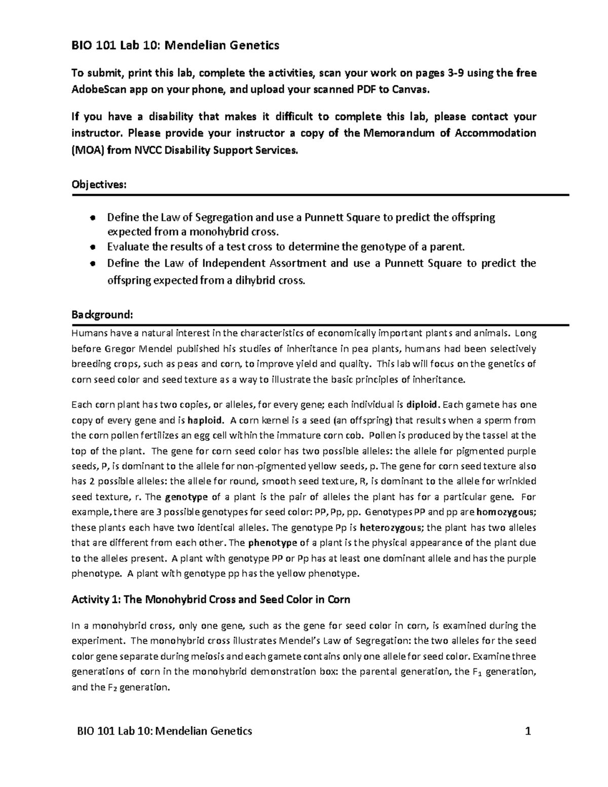 BIO 101 Lab 10: Understanding Mendelian Genetics Principles - Studocu