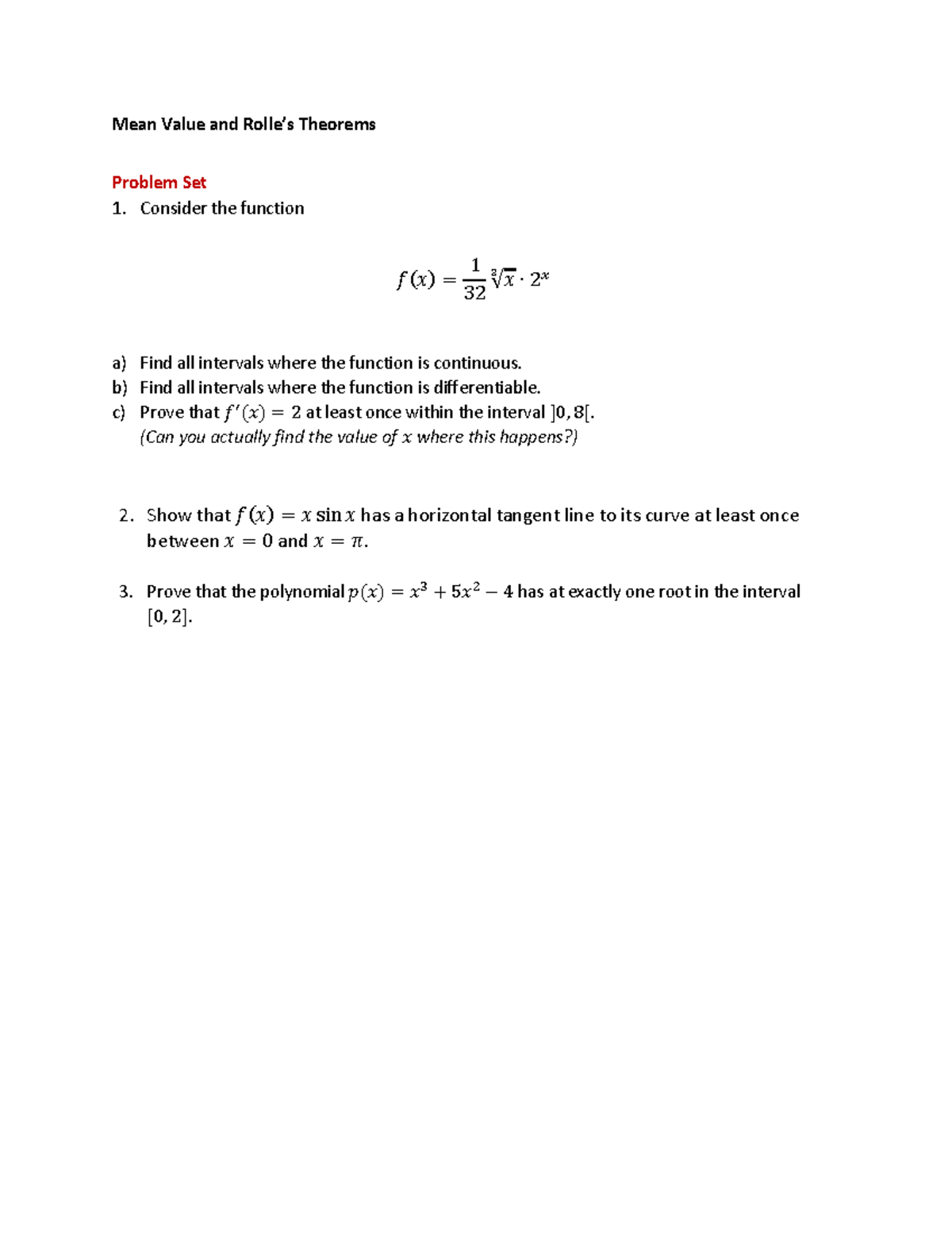 Mean Value Theorem Problem Set 1 - MATH 101 - Studocu