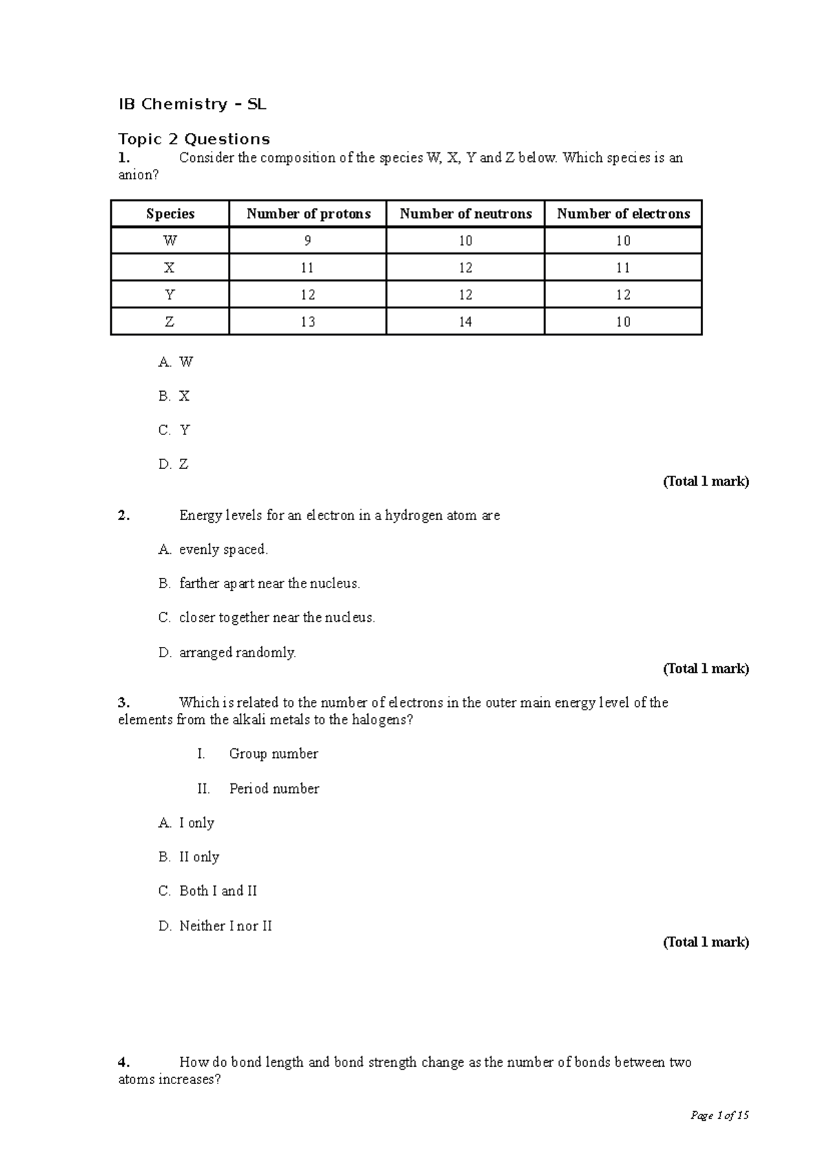 IB Chemistry SL: Atomic Structure - Worksheet Questions & Answers - Studocu