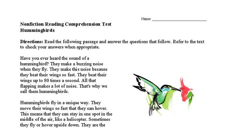Nonfiction Reading Comprehension Test: Hummingbirds Insights - Studocu