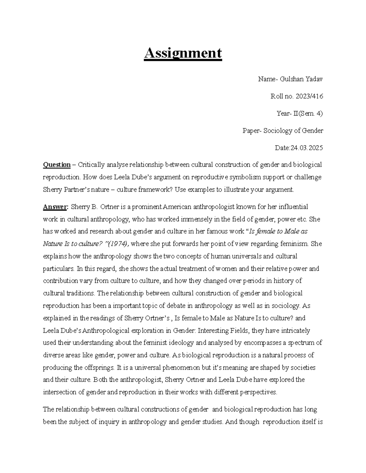 Sociology of Gender II (Sem. 4) Assignment: Gender, Culture ...