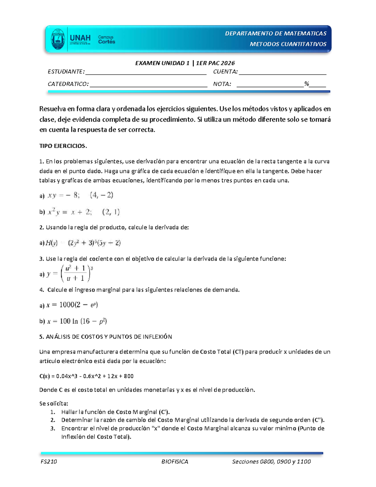 Examen Parcial 1 - Métodos Cuantitativos FS210 Biofísica 2026 - Studocu