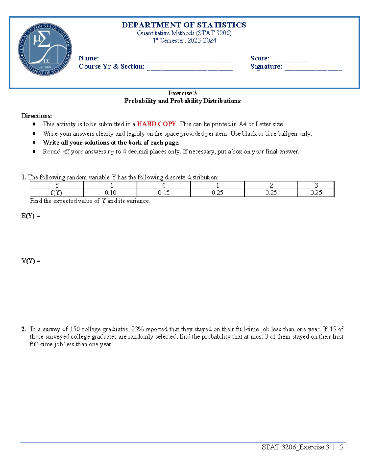 STAT 3206 Exercise 3: Probability & Distributions Analysis - Studocu