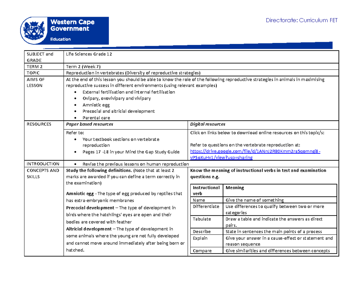 Life Sciences Grade 12 reproduction strategies - Directorate ...
