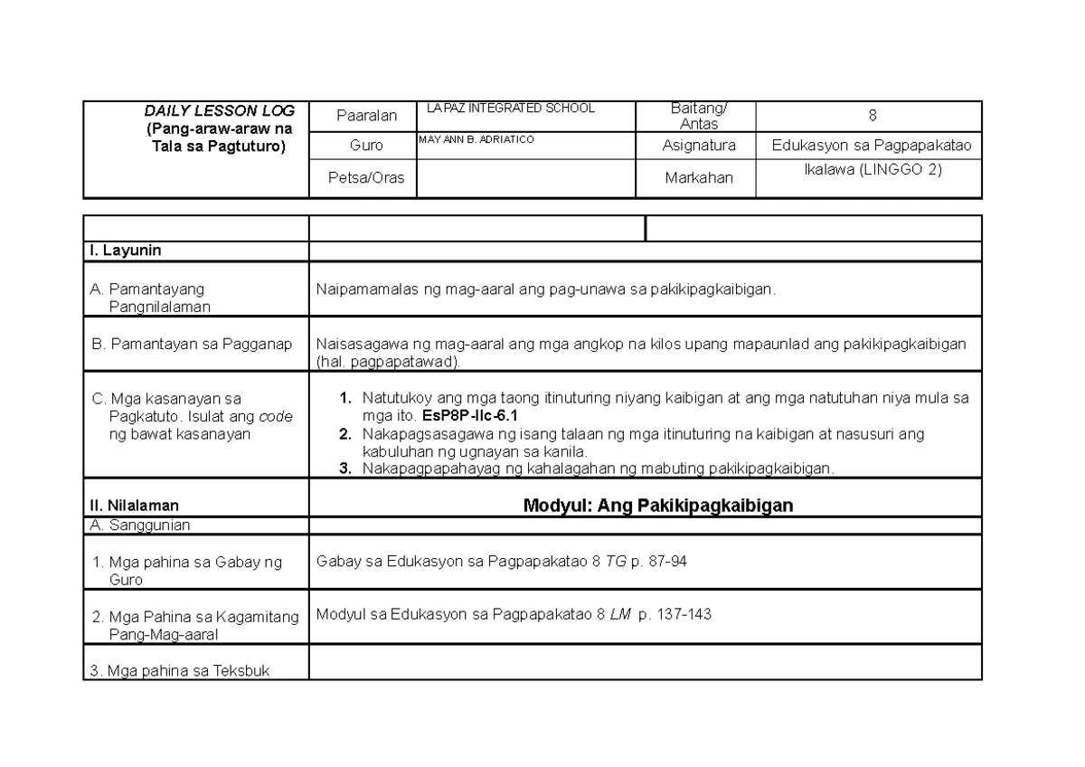 Detailed Lesson PLAN (circle) - DETAILED LESSON PLAN THE CIRCLE AND ITS ...