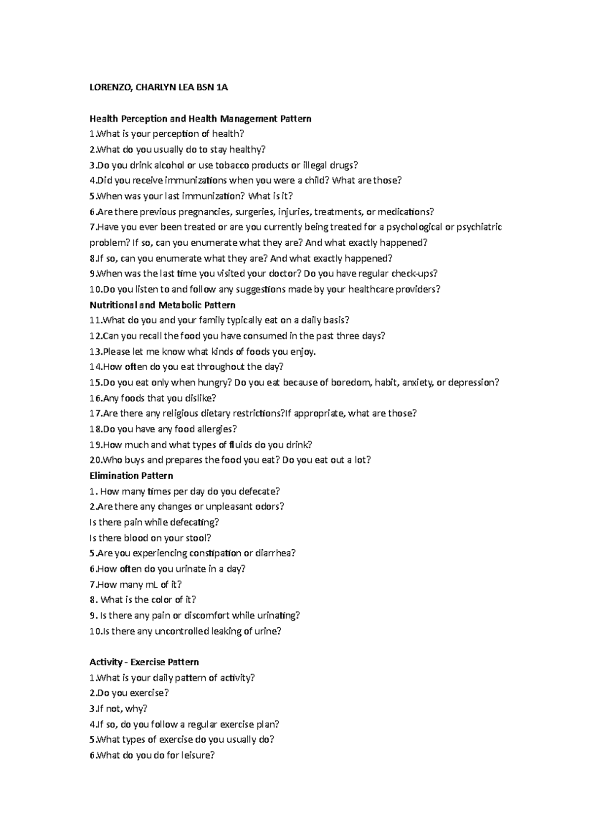 Set of Questions on Gordon's Functional Health Patterns (BSN 1A) - Studocu