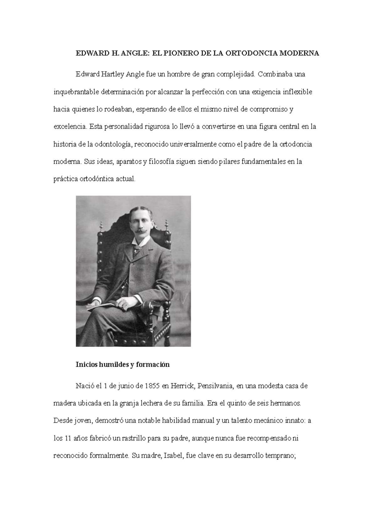 Biografía de Edward H. Angle: Pionero de la Ortodoncia Moderna - Studocu