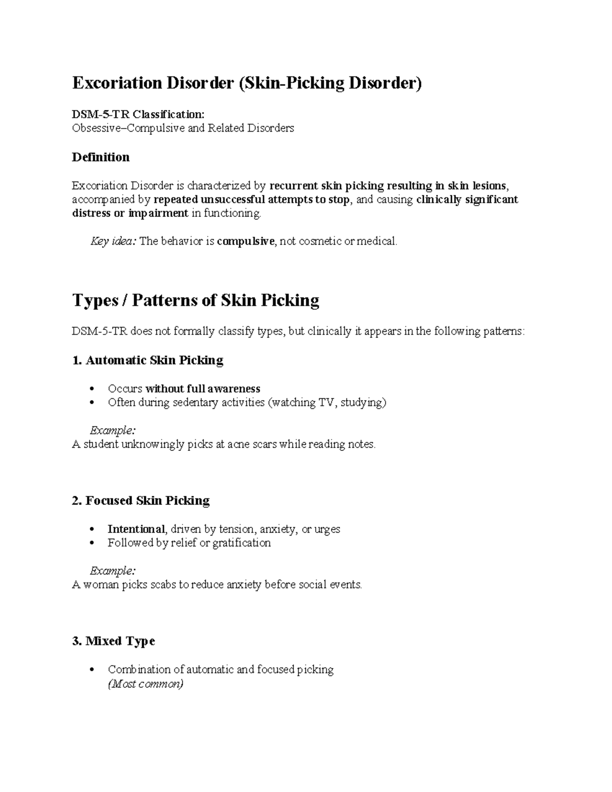 Excoriation Disorder (BFRB) - Comprehensive Study Notes - Studocu