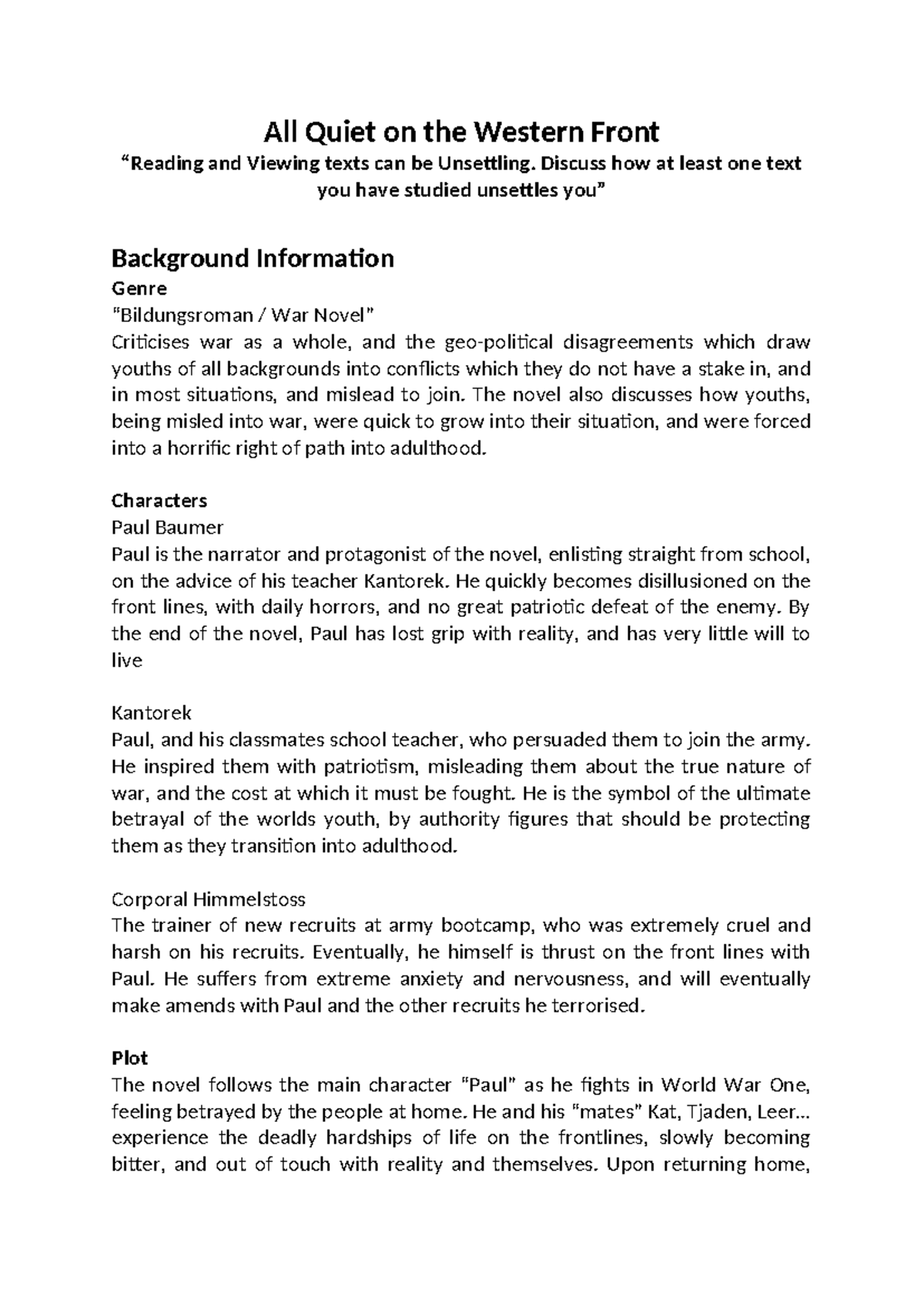 English Assignment: Discussing the Unsettling Impact of "All Quiet on ...