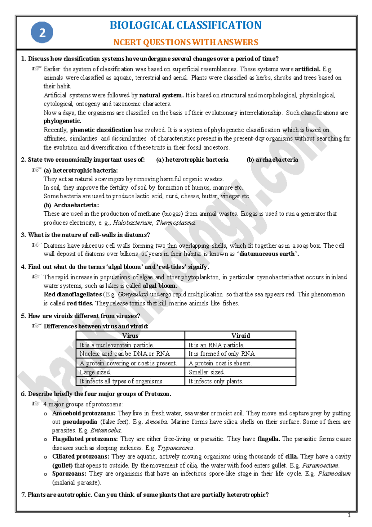 Biological Classification NCERT Q&A: Key Concepts and Insights - Studocu