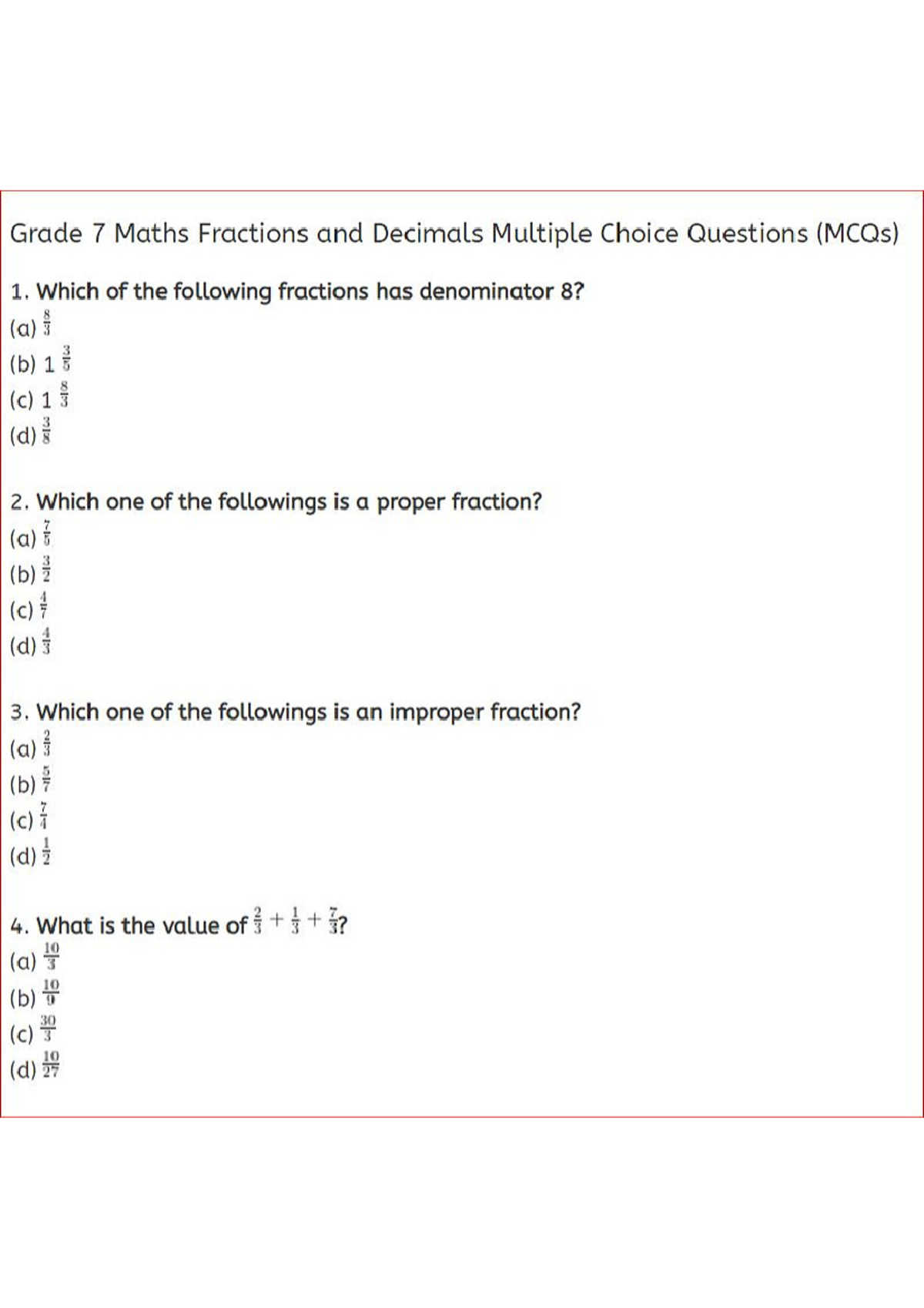 Grade 7 Maths Worksheet: Fractions & Decimals MCQs and Short Answers ...