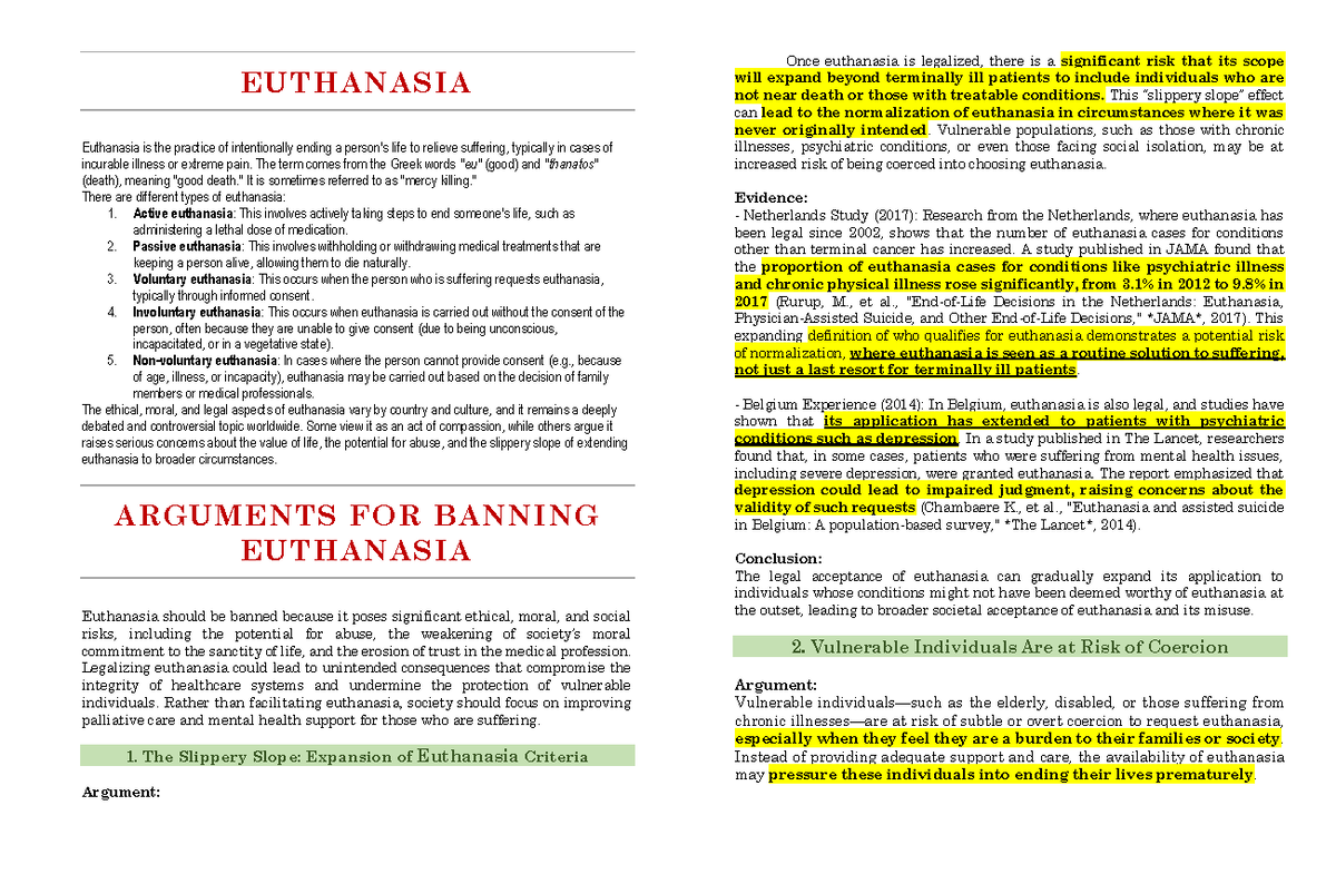 BAN- Arguments Against Euthanasia: Ethical, Legal, and Social ...