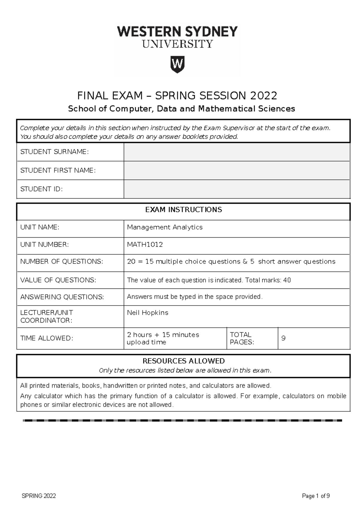 FINAL EXAM MATH1012 SPRING 2022: Management Analytics Overview - Studocu