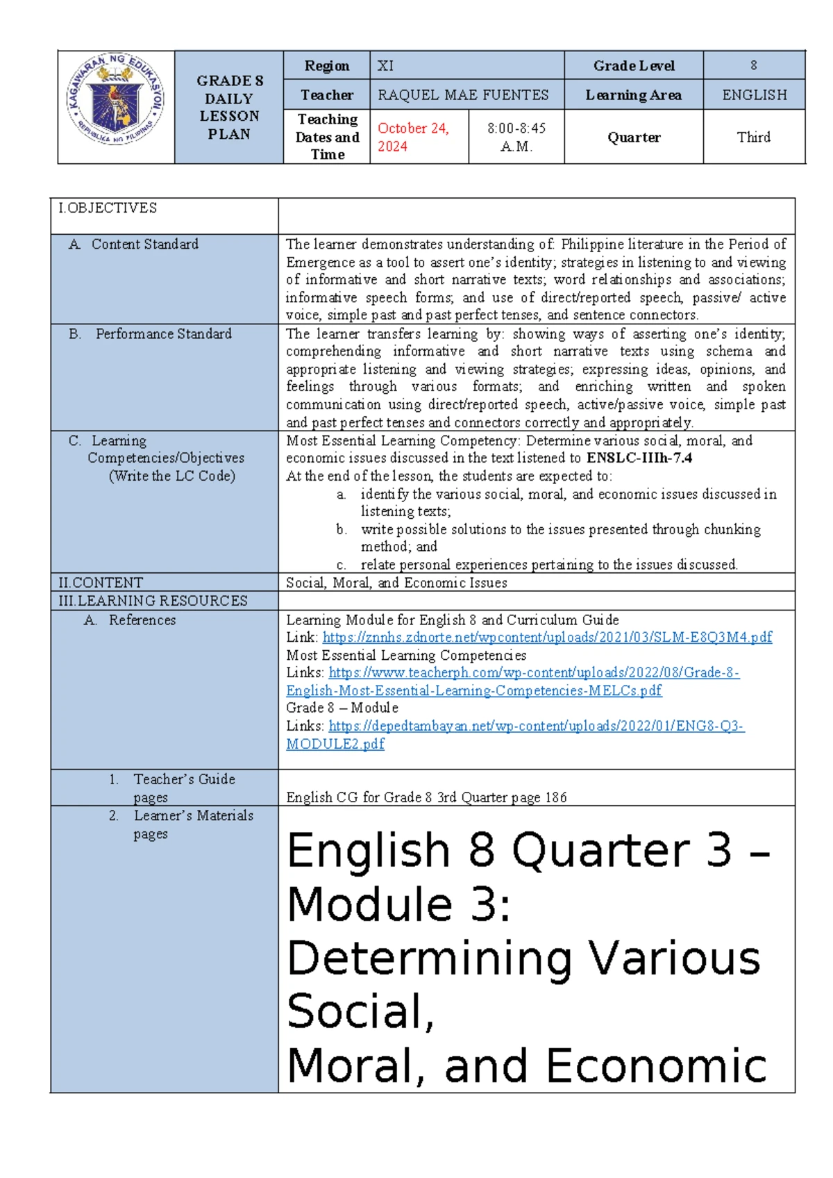 Grade 8 English Daily Lesson Plan: Propaganda Techniques - October 2024 ...