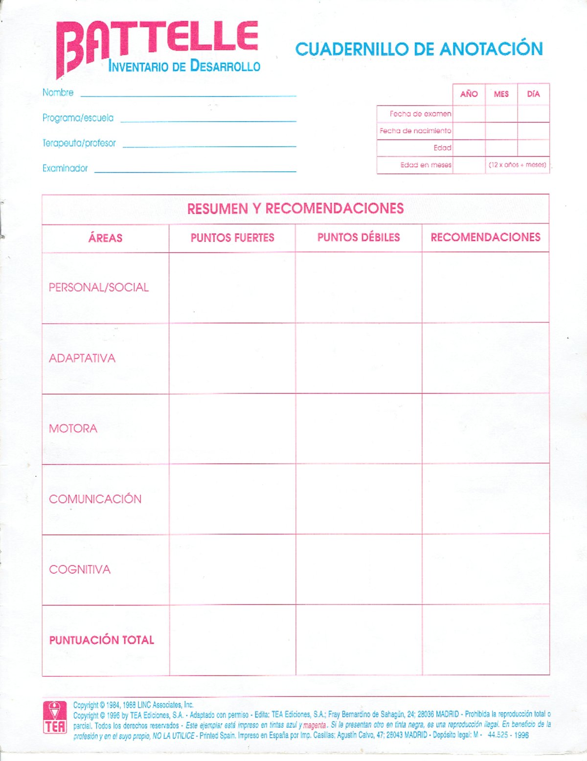 Cuadernillo de Anotación BATTELLE: Evaluación y Recomendaciones - Studocu